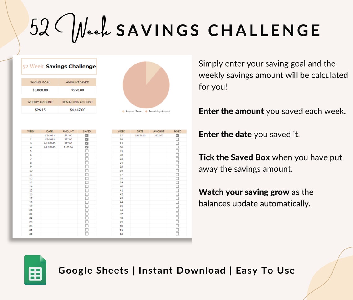 52 Week Savings Challenge | Google Sheets Savings Planner | Savings ...