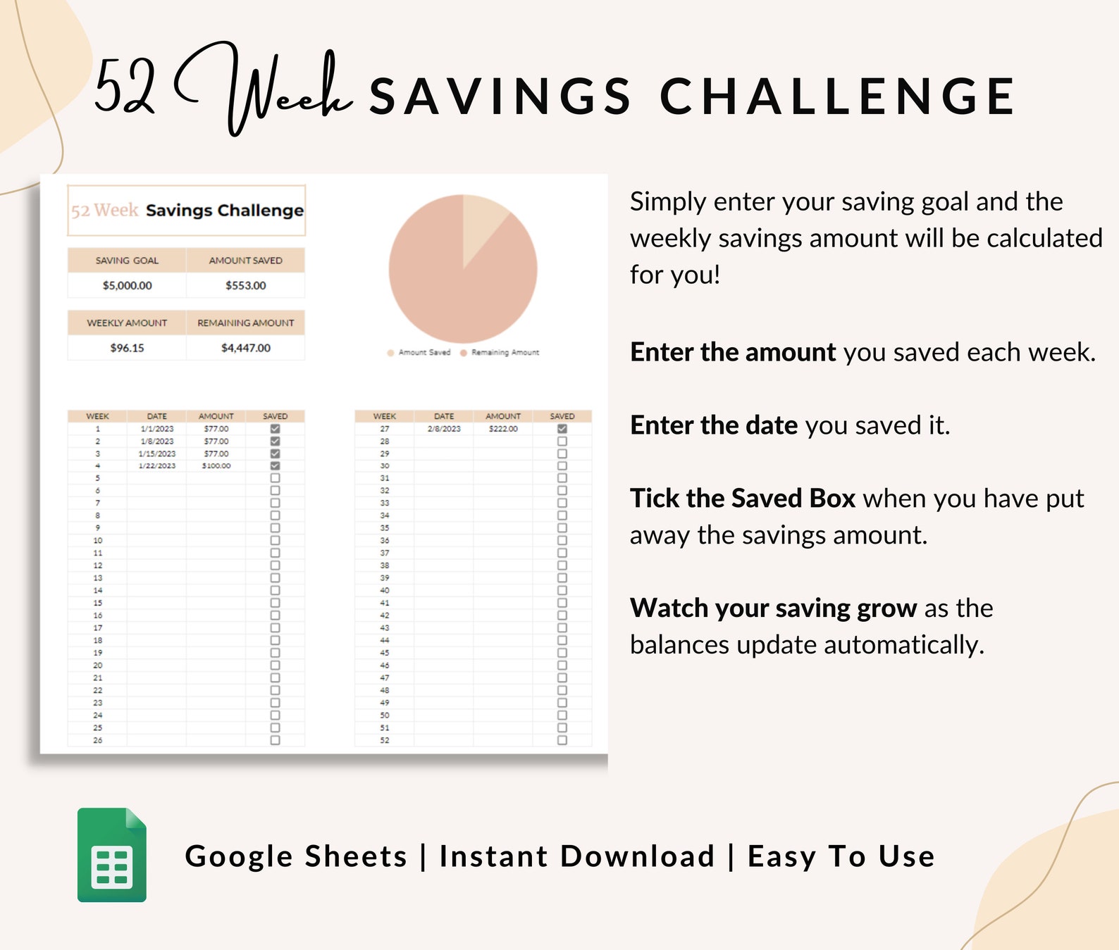 52 Week Savings Challenge | Google Sheets Savings Planner | Savings ...