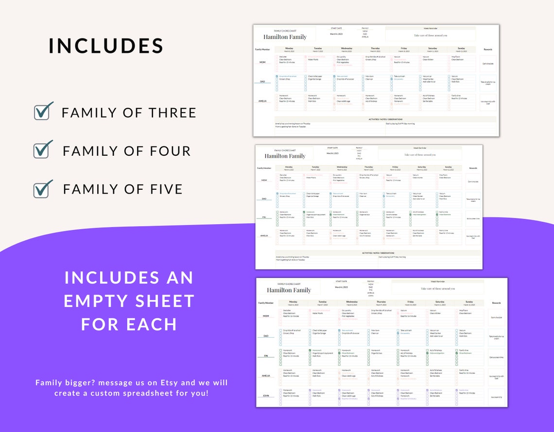 Colorful Family Chore Chart Google Sheets Template , Editable Family ...