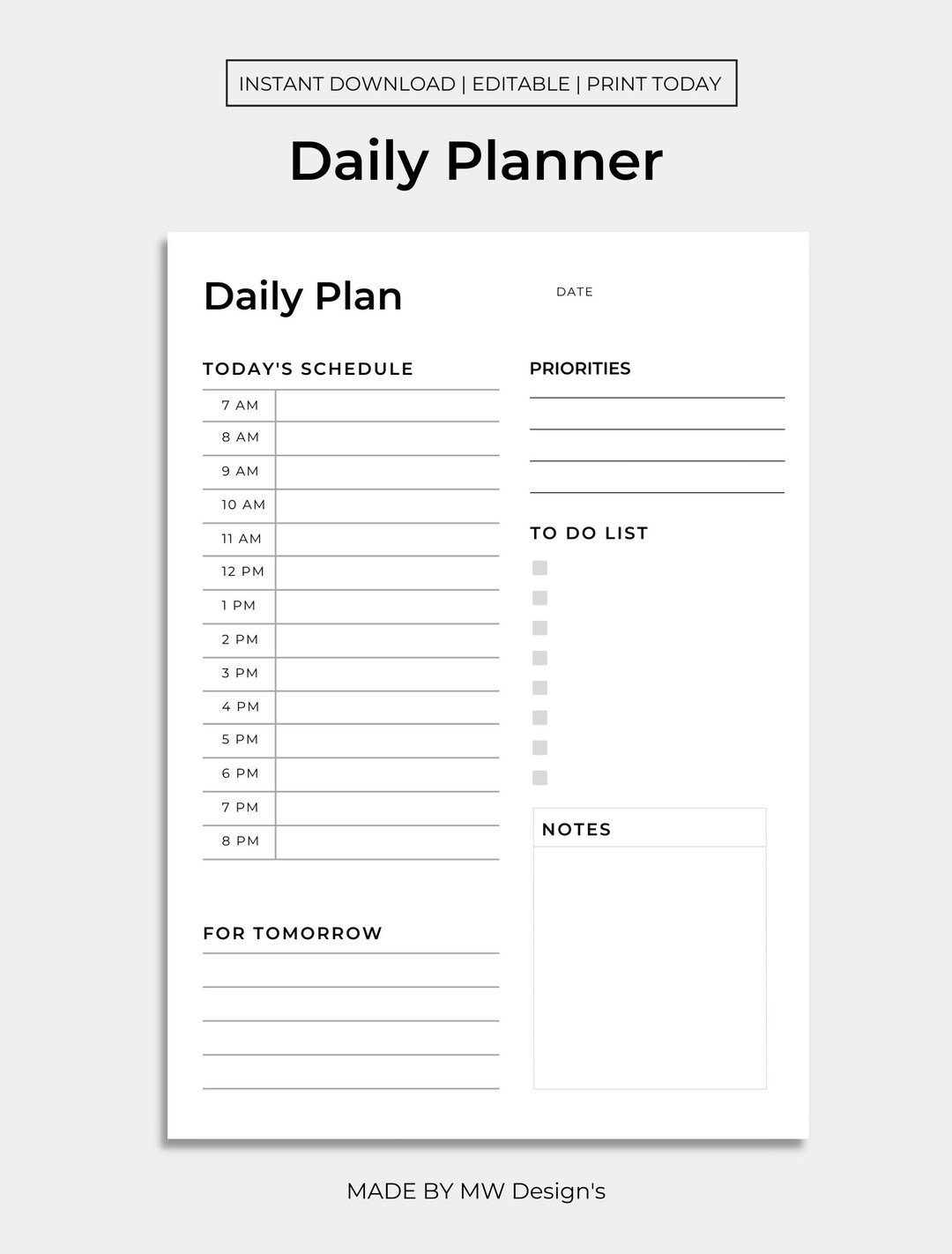 Daily Planner, Printable Planner, Instant Download, Editable PDF - Etsy