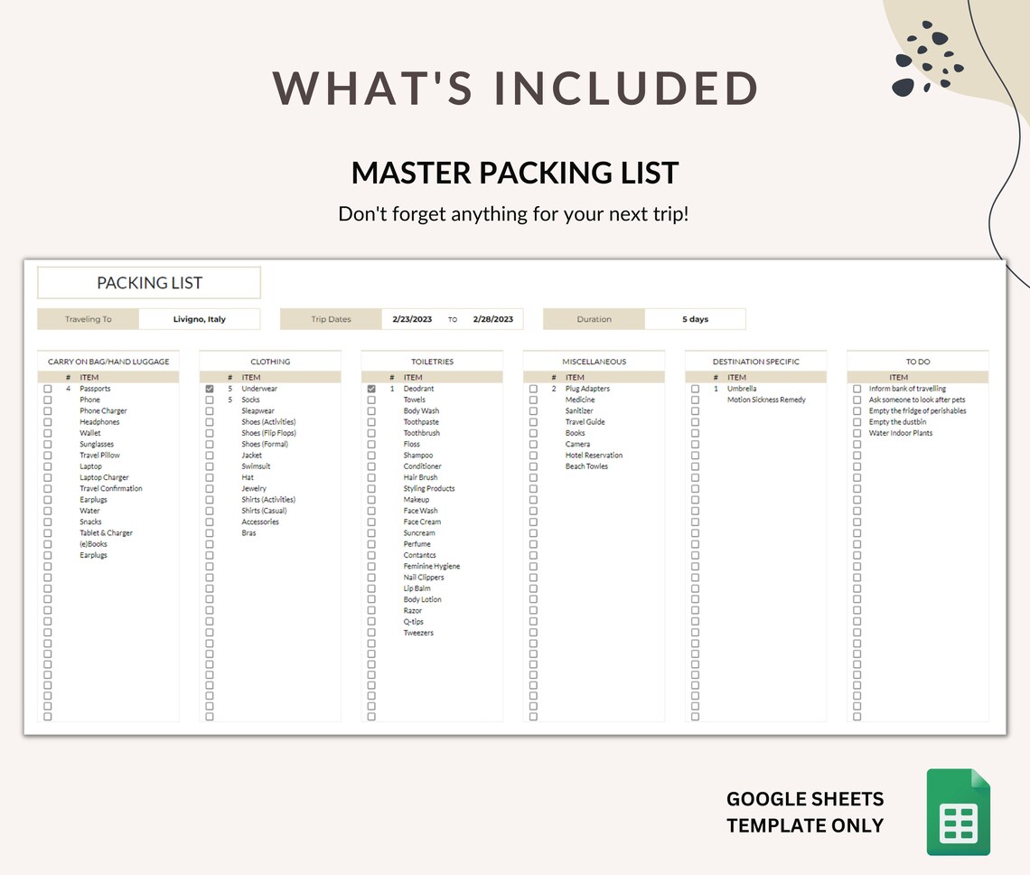 Editable Packing List Template, Printable Planner Spreadsheet, Google ...