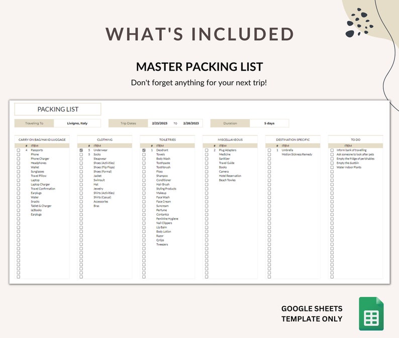 Editable Packing List Template, Printable Planner Spreadsheet, Google ...