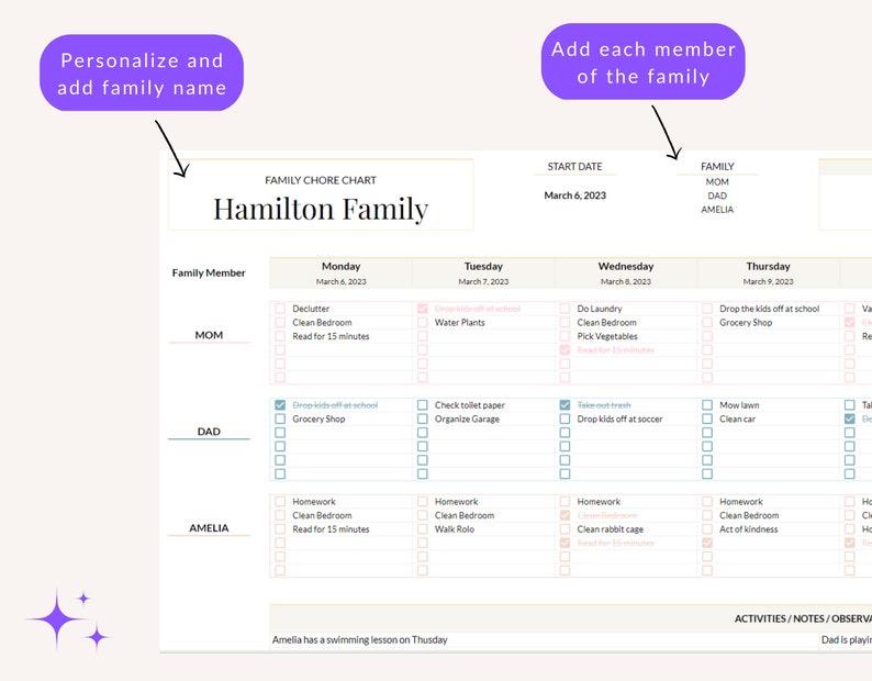 Colorful Family Chore Chart Google Sheets Template , Editable Family ...