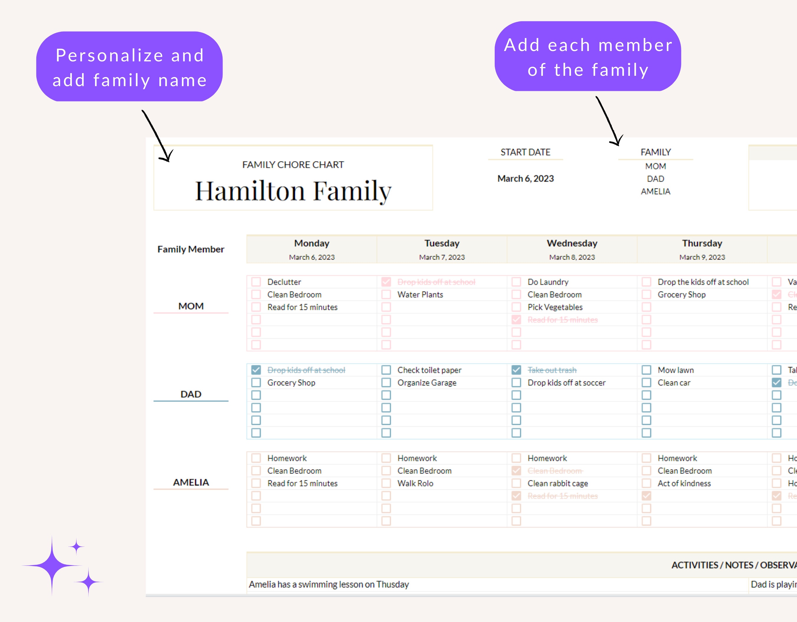 Colorful Family Chore Chart Google Sheets Template , Editable Family ...