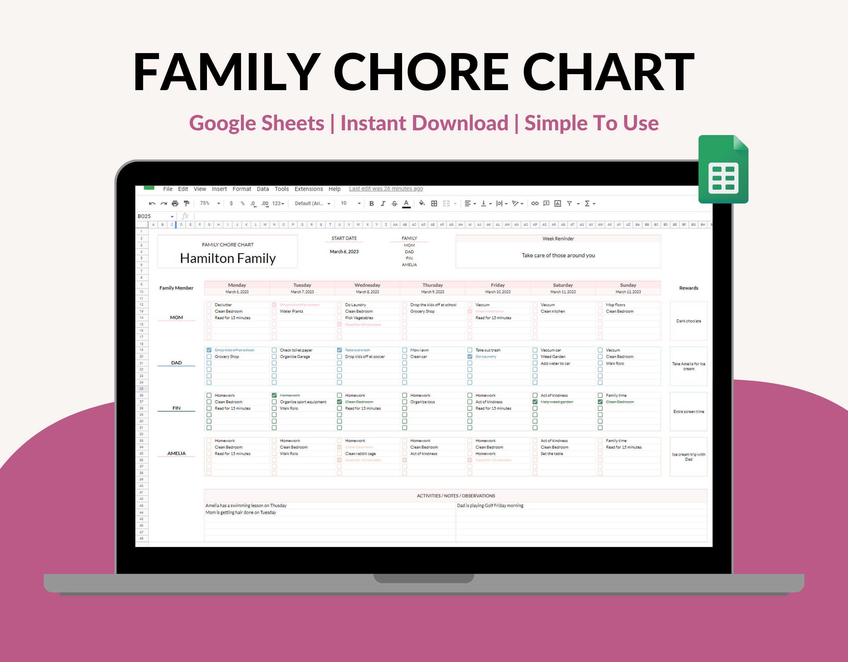 Family Chore Chart Template: Editable Weekly Planner (google Sheets ...