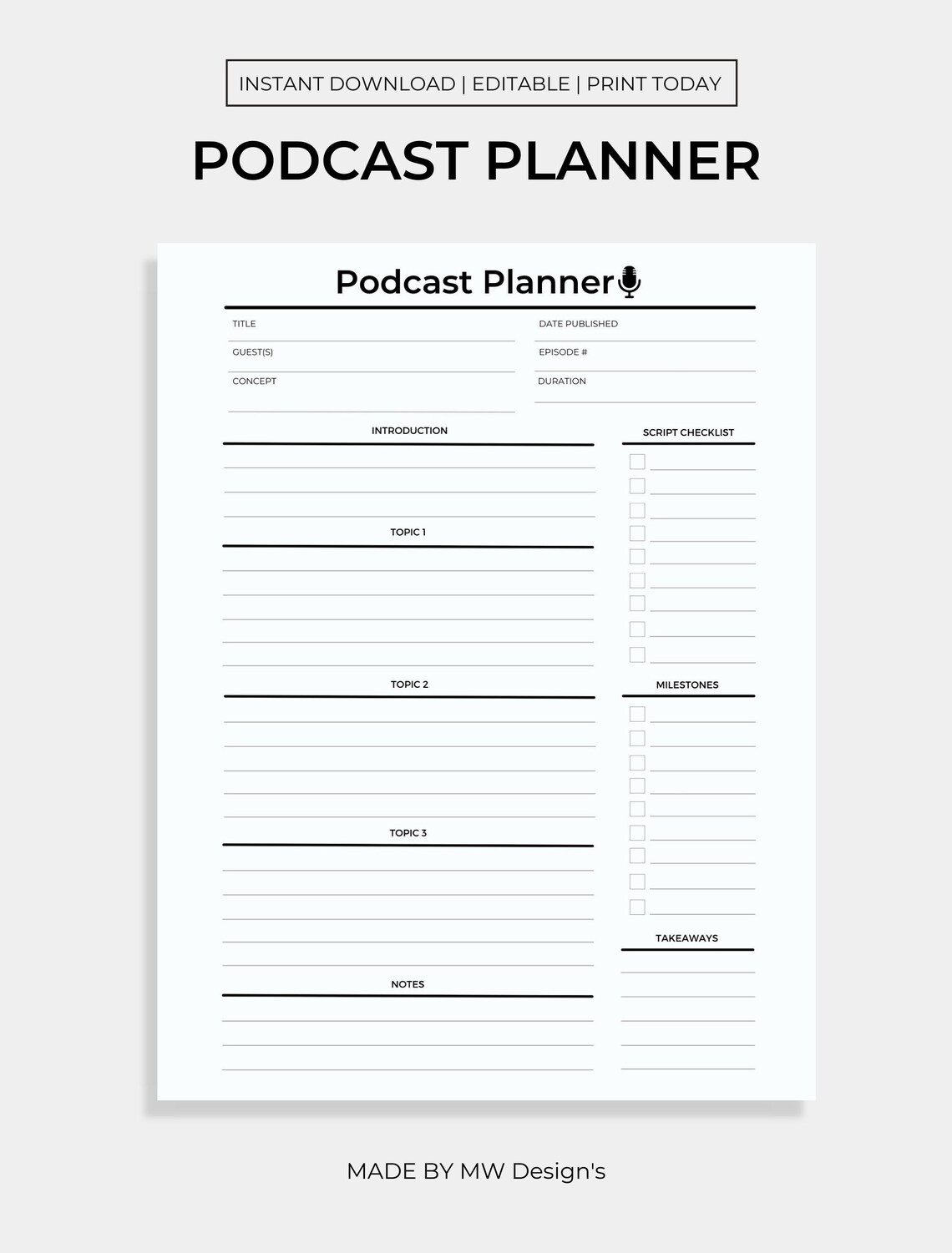 Editable Podcast Planner: Episode Planning Worksheet (digital Download ...
