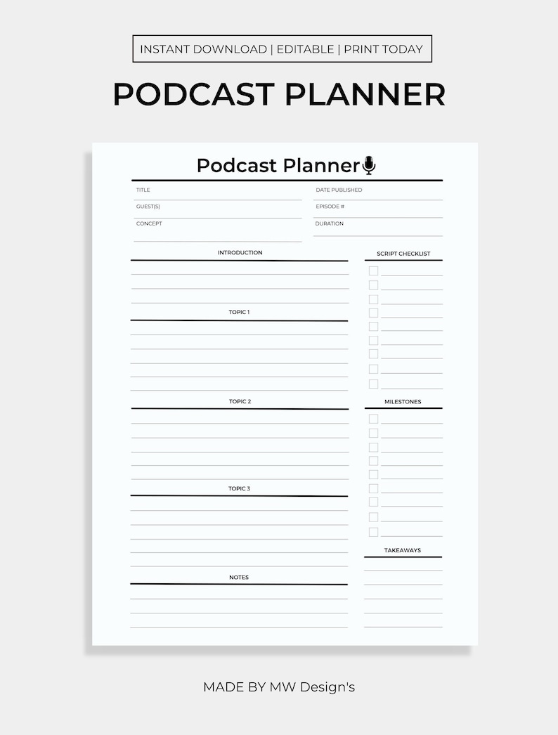 Editable Podcast Planner: Episode Planning Worksheet (digital Download ...