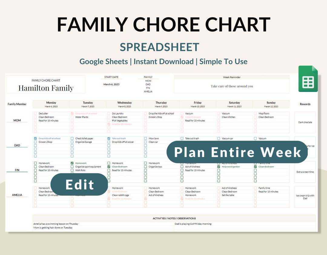 Family Chore Chart Google Sheets Template , Editable Family Planner ...