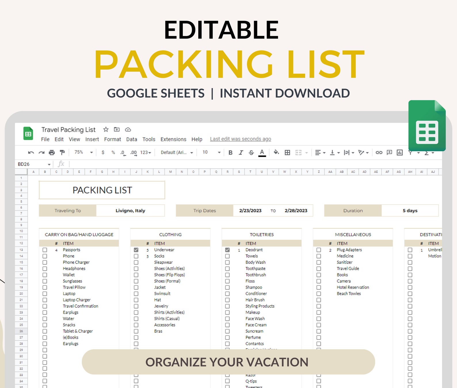 Editable Packing List Template, Printable Planner Spreadsheet, Google ...