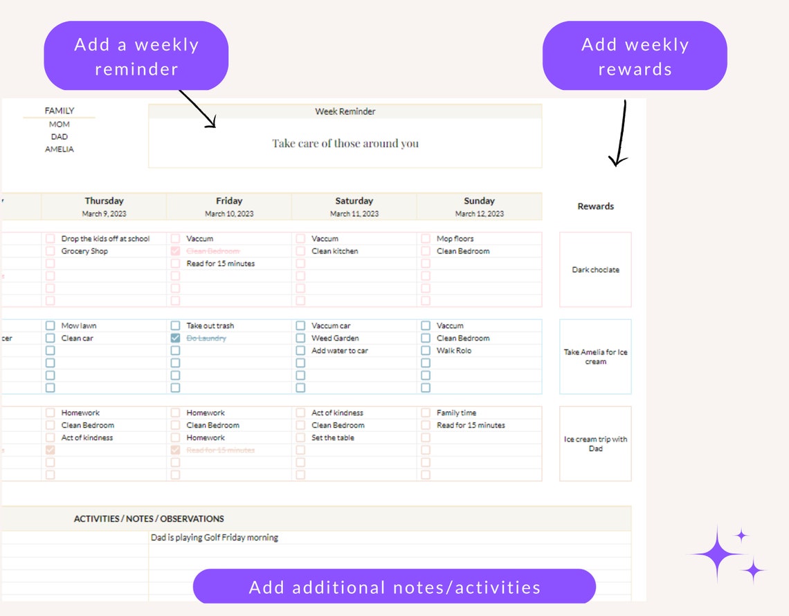 Colorful Family Chore Chart Google Sheets Template , Editable Family ...