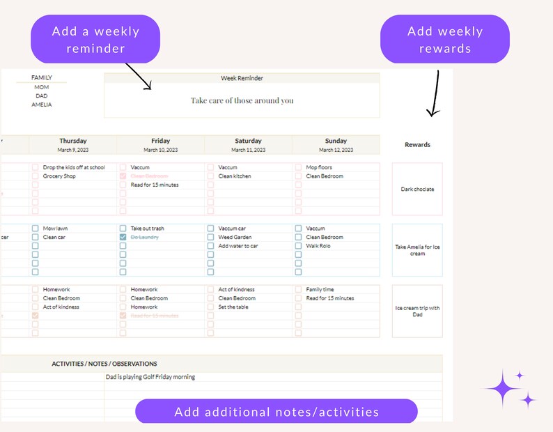 Colorful Family Chore Chart Google Sheets Template , Editable Family ...