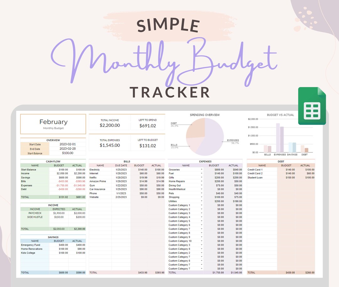 Simple Monthly Budget Spreadsheet: Google Sheets Budget Planner ...