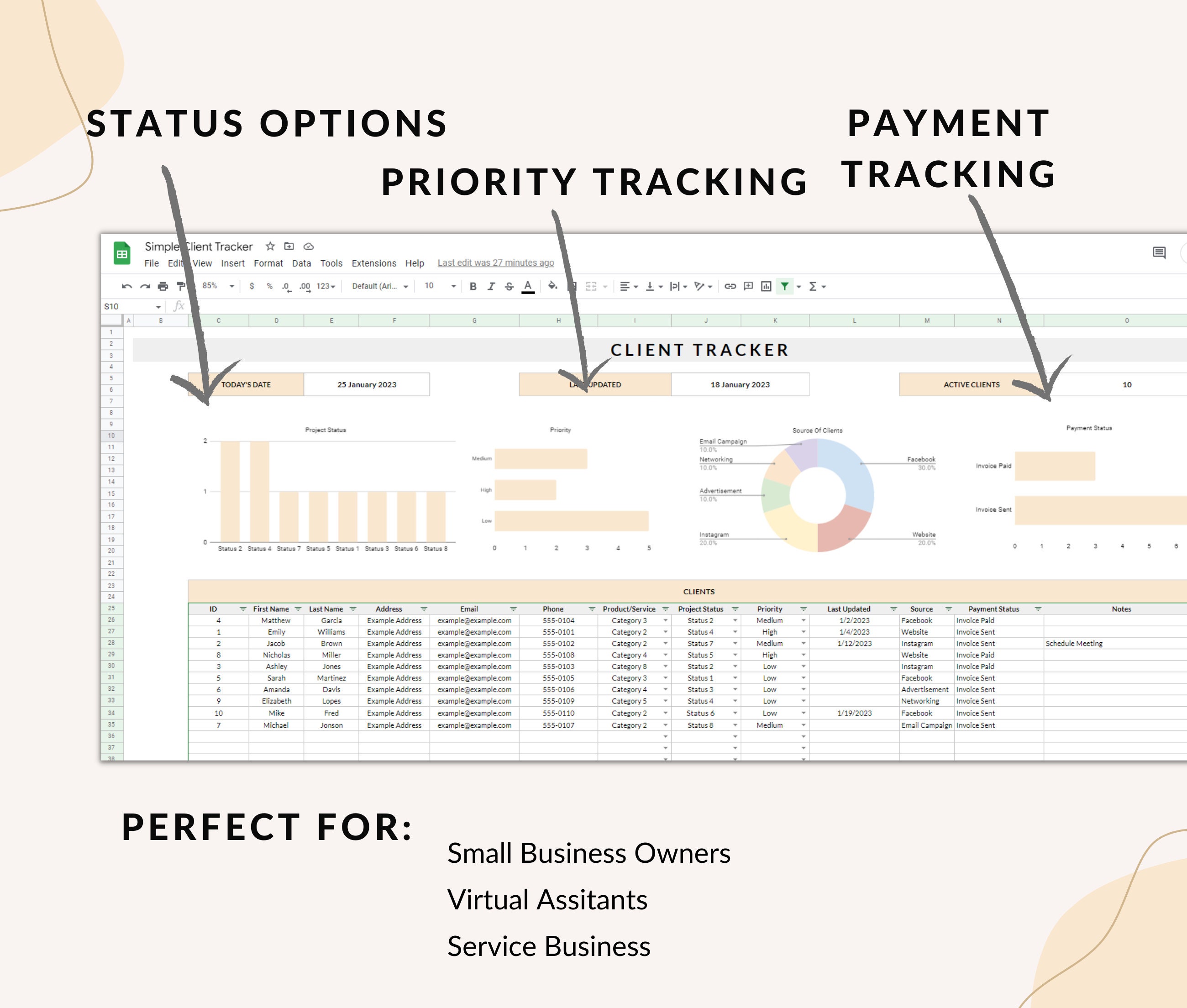 Client Tracker Spreadsheet, Client Management Google Sheets, Small ...