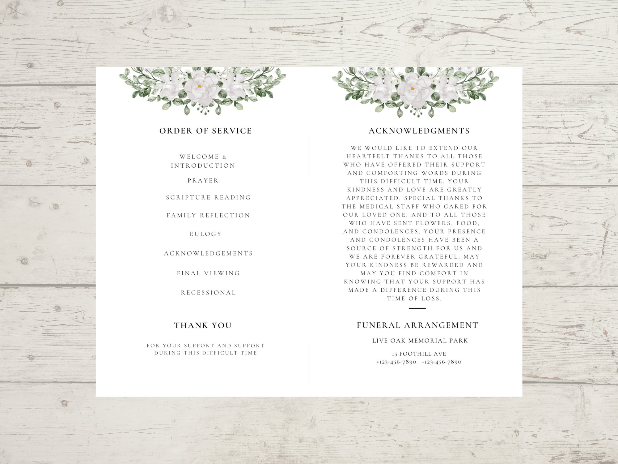 Funeral Program Invitation Template White Rose Flower Funeral ...