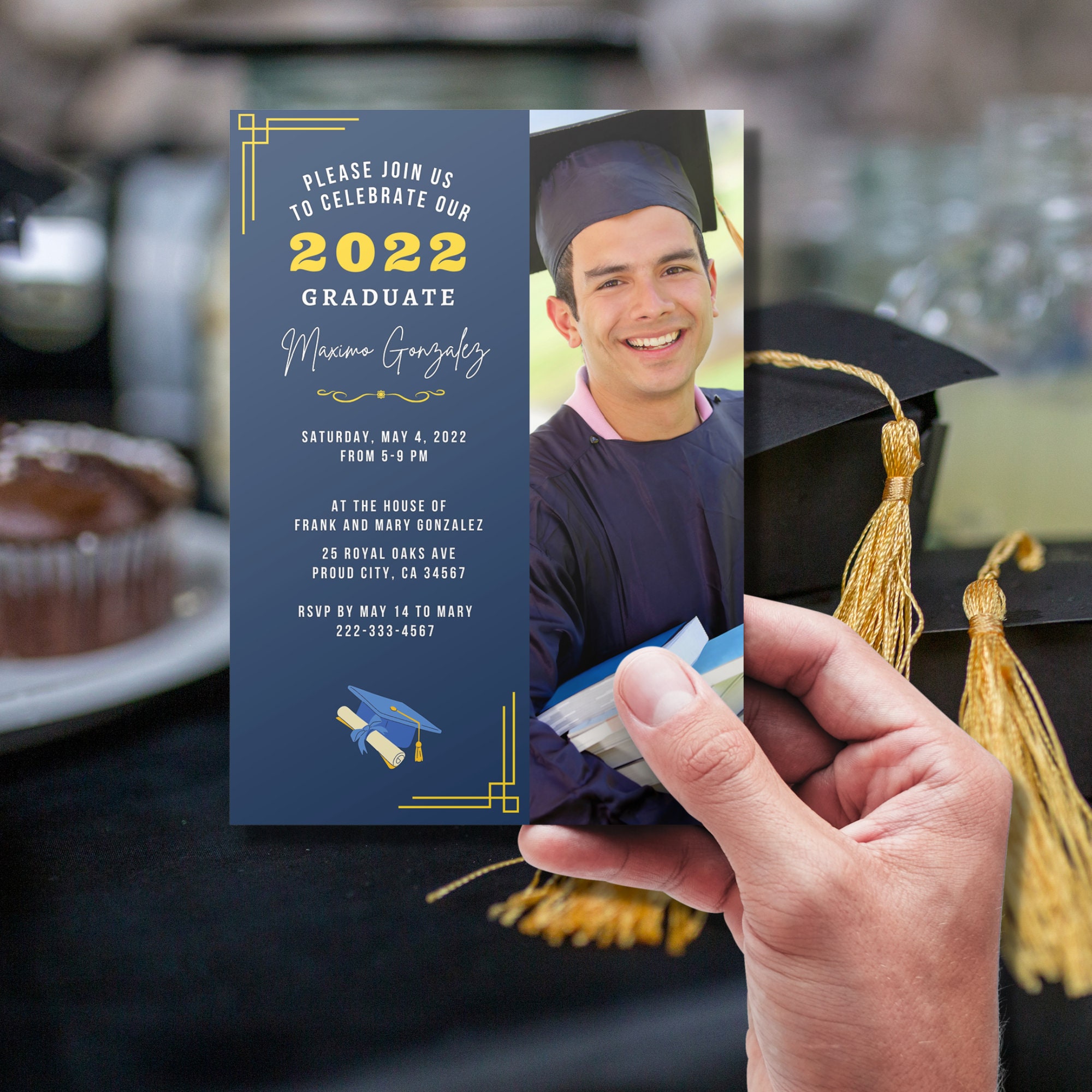 Graduation Invitation Template Instantly Editable Blue Graduation Card ...
