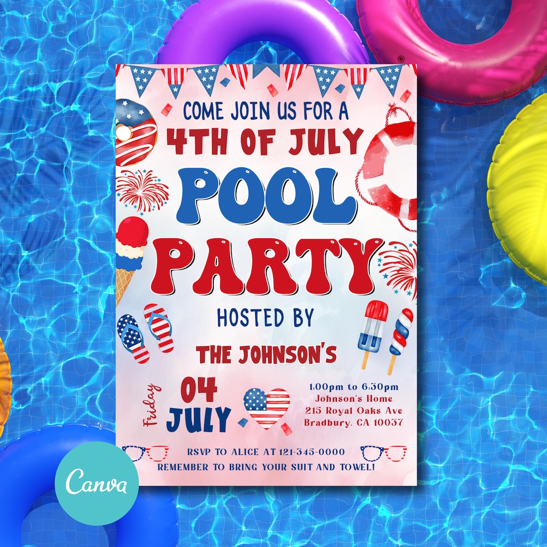 Pool Party Invitation Birthday Digital Independence Day Celebration 4th ...