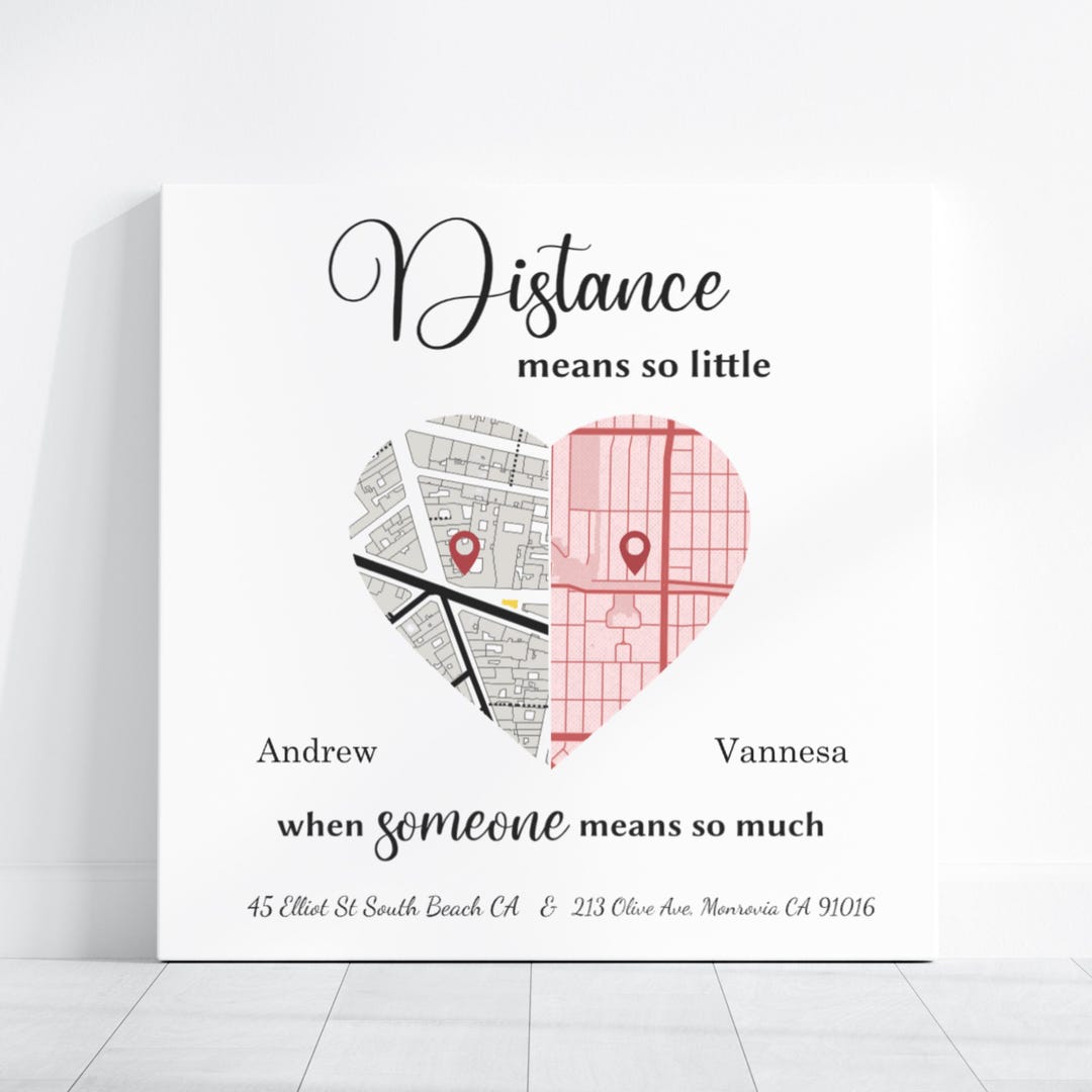 Distance Relationship Gift Heart Map Canvas Art for Couple Long ...