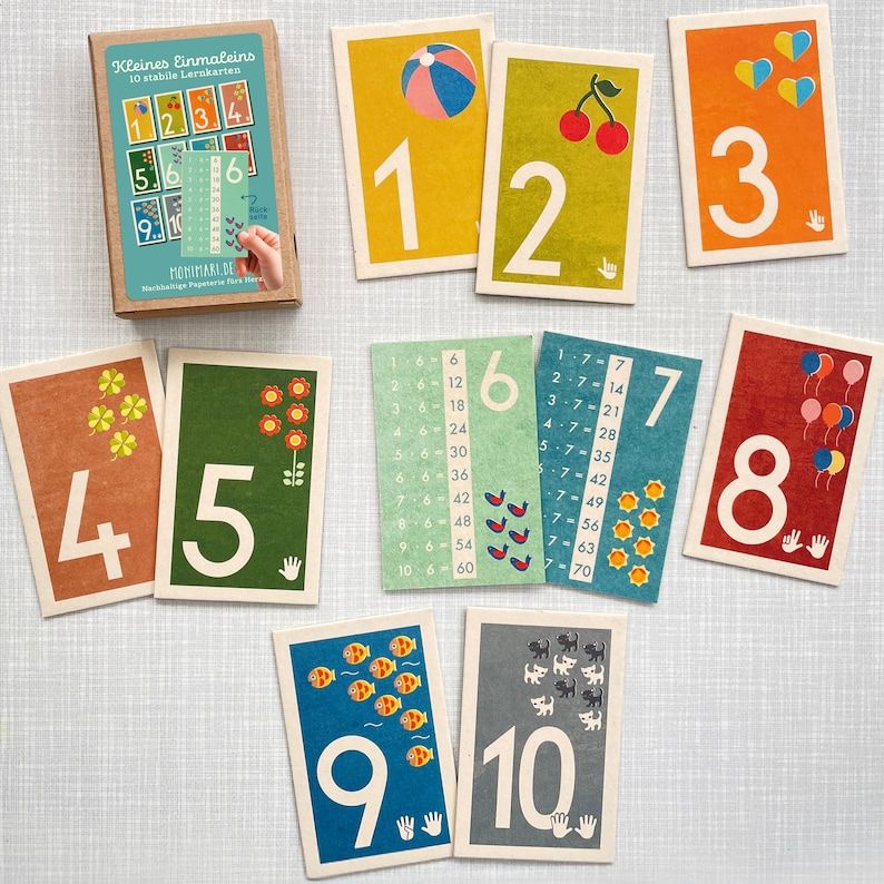 Set // Multiplication Table Mini Cards on Wood Pulp Cardboard // 10 ...