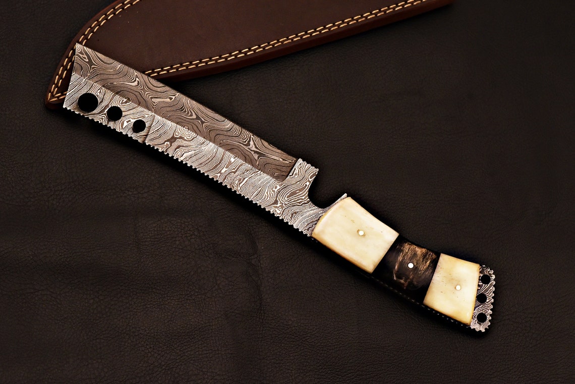 Handmade Damascus Knife With Leather Sheath | Etsy