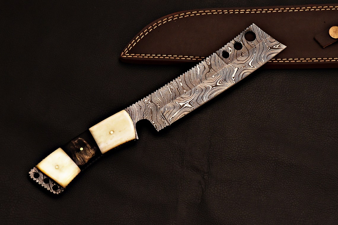 Handmade Damascus Knife With Leather Sheath - Etsy