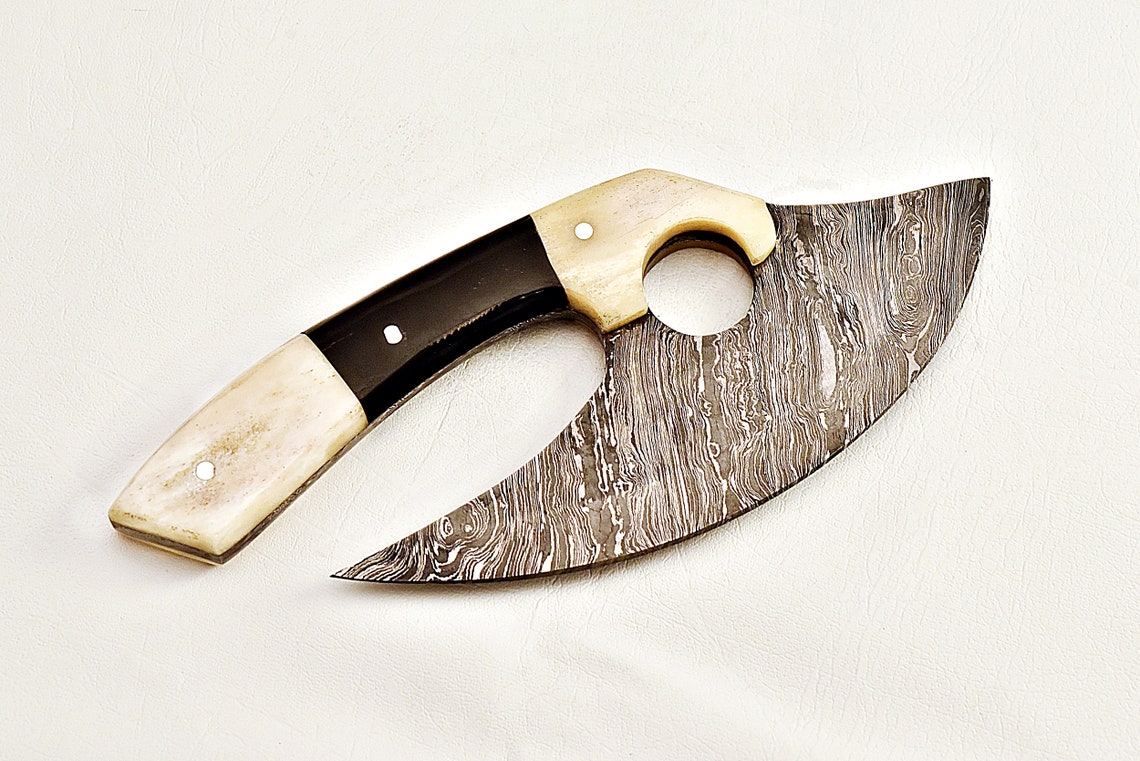 Handmade Damascus Steel Ulu Knife With Bone and Buffalo Horn - Etsy