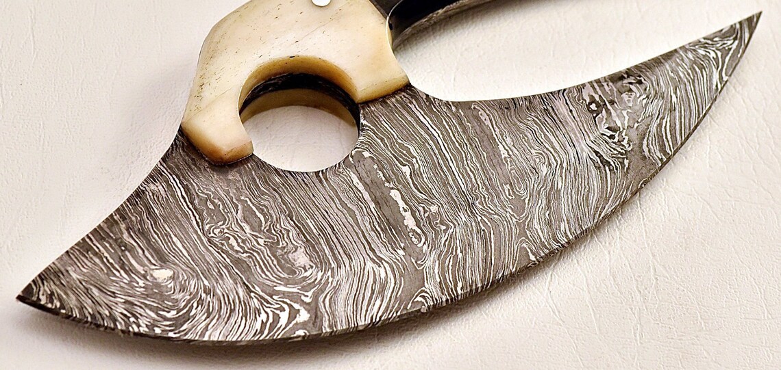 Handmade Damascus Steel Ulu Knife With Bone and Buffalo Horn - Etsy