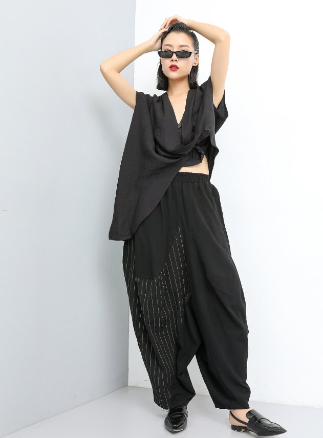 Womens Summer Loose Fitting Patchwork Stripes Cotton Wide Leg - Etsy