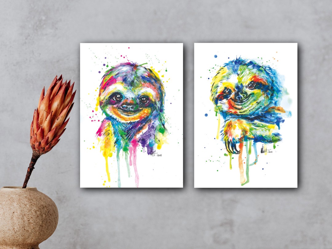 Set of 2 SLOTH Art Prints From Handpainted Watercolor | Sloth Drawing ...
