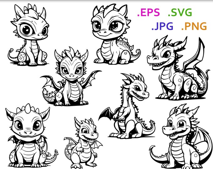 Cute Baby Dragon SVG, Dragon Outline Vector, Cute Little Dragon Svg ...