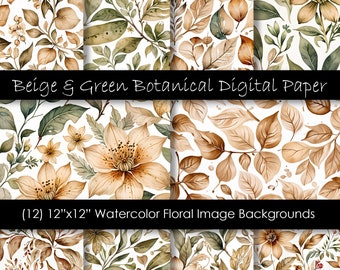 Beige & Green Botanical Digital Paper Pack: Watercolor Floral Seamless ...