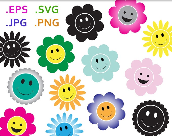 Smiley Face Flower SVG Bundle - Retro Smiley Face Clip Art - Smile Face ...