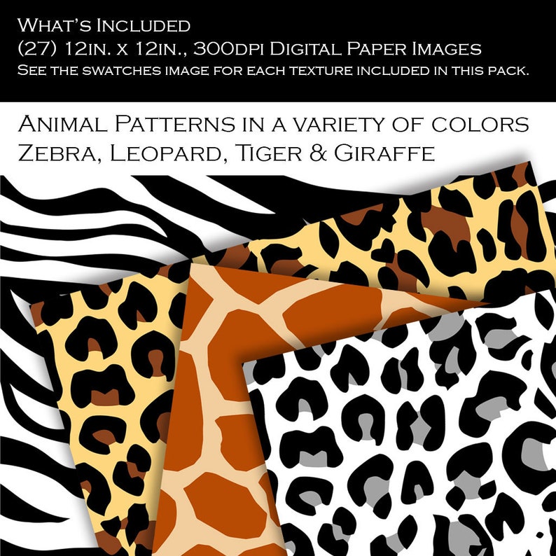 Animal Safari Print Digital Paper Colorful Zebra, Leopard, Tiger and ...