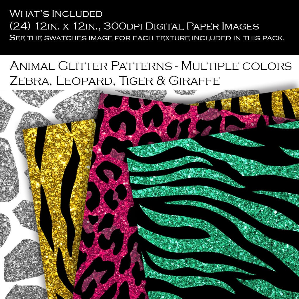 Animal Print Digital Paper Textures With Glitter Zebra Stripes, Leopard ...