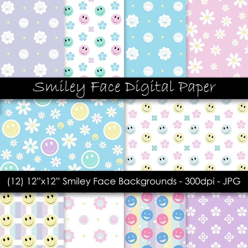 Smiley Face Digital Paper Smiley Face & Flower Backgrounds Blue and ...