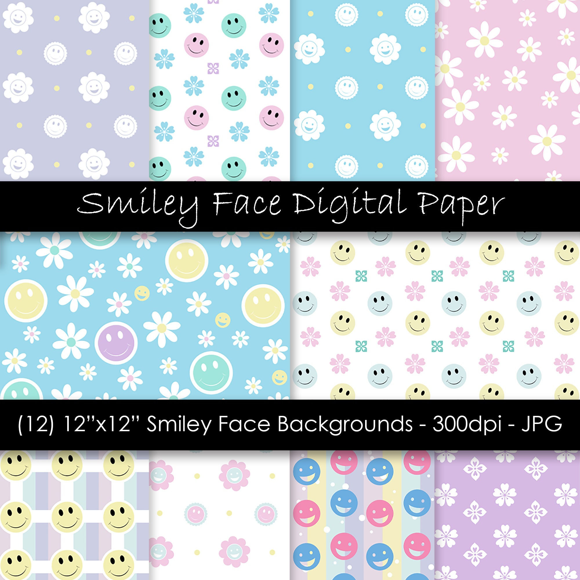 Smiley Face Digital Paper Smiley Face & Flower Backgrounds Blue and ...