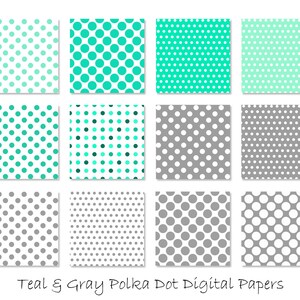 Turquoise Polka Dot Digital Paper - Teal/gray Polka Dots - Polka Dot ...
