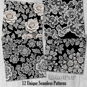 White Lace Floral Digital Paper White Lace Seamless Patterns on Black ...