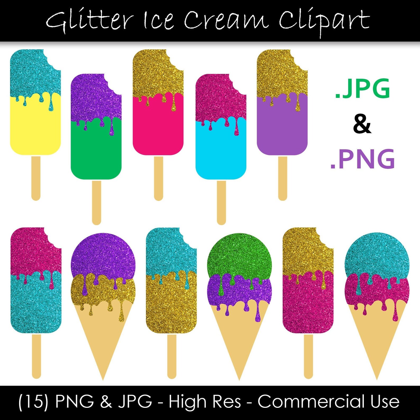 Melting Glitter Ice Cream Cone Clipart Colorful Birthday Ice Cream ...