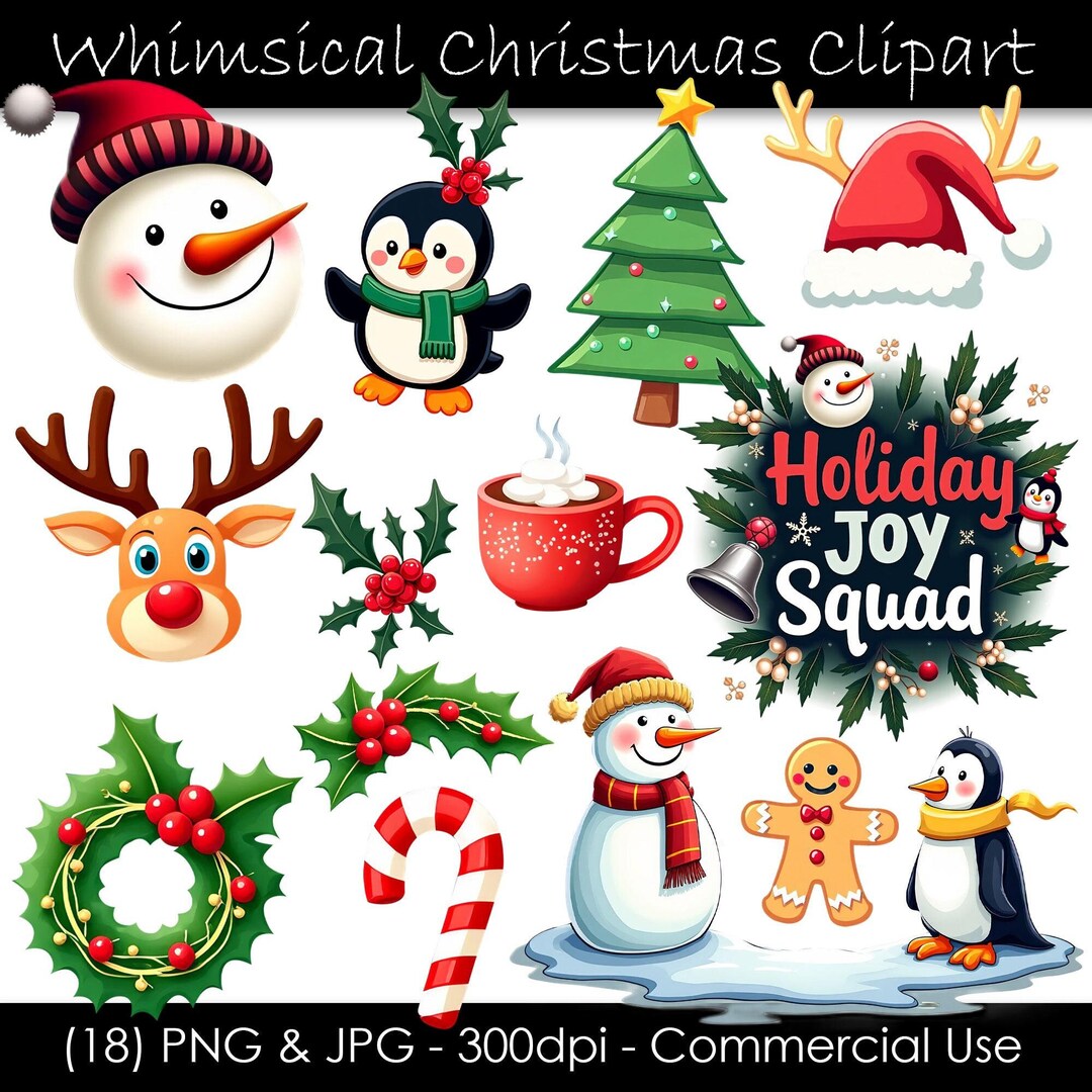 Whimsical Christmas Clipart Bundle PNG & JPG: Cute Snowman, Penguin and ...