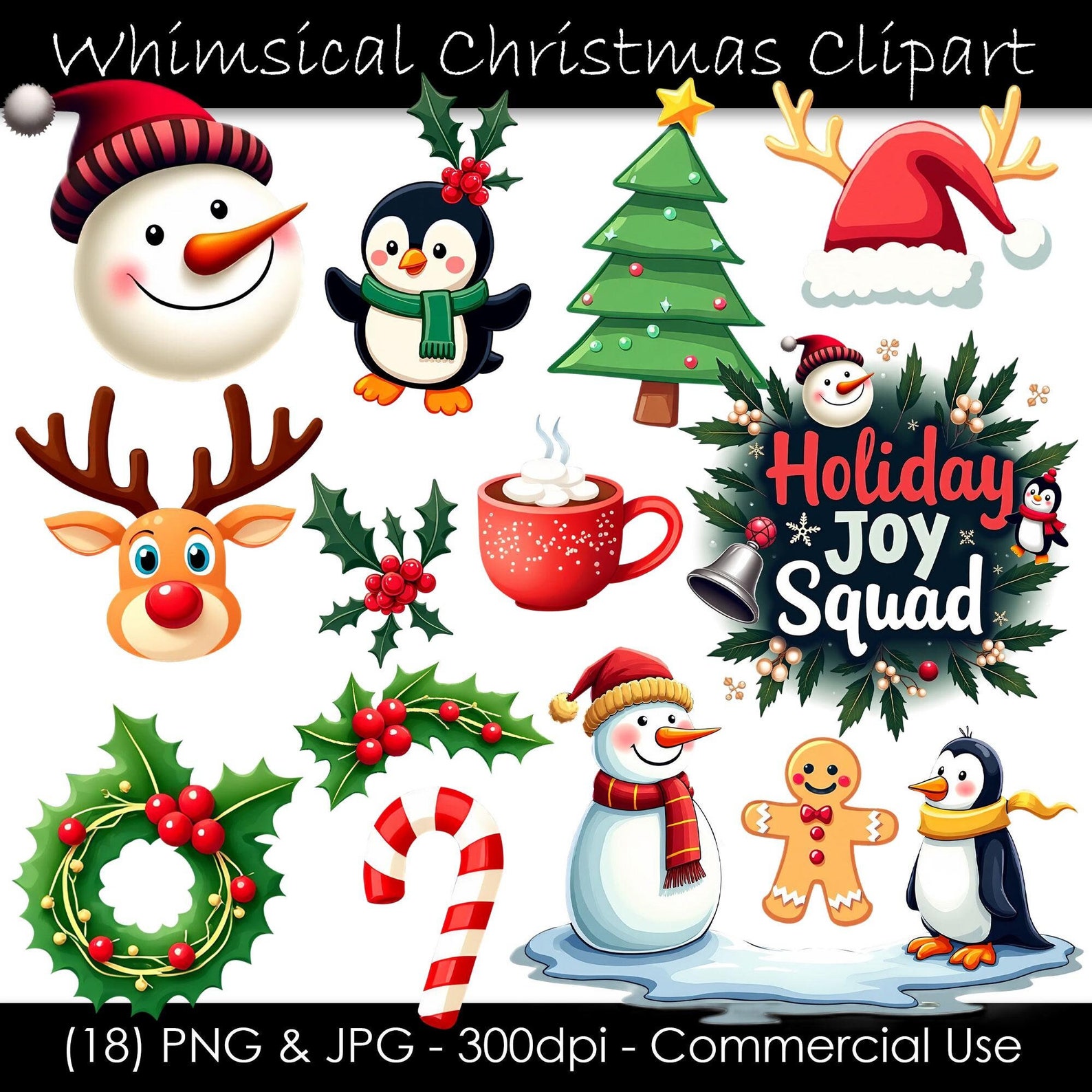 Whimsical Christmas Clipart Bundle PNG & JPG: Cute Snowman, Penguin and ...