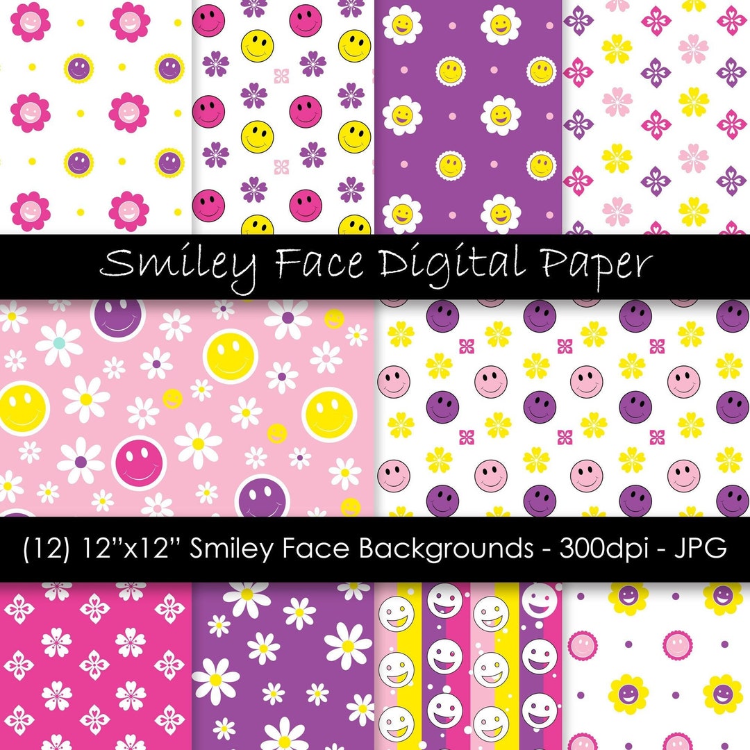Pink and Purple Smiley Face Digital Papers - Smiley Face & Flower ...