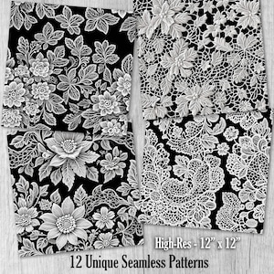 White Lace Floral Digital Paper White Lace Seamless Patterns on Black ...