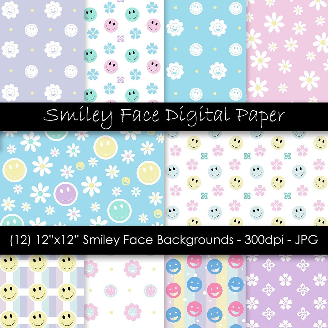 Smiley Face Digital Paper - Smiley Face & Flower Backgrounds - Blue and ...
