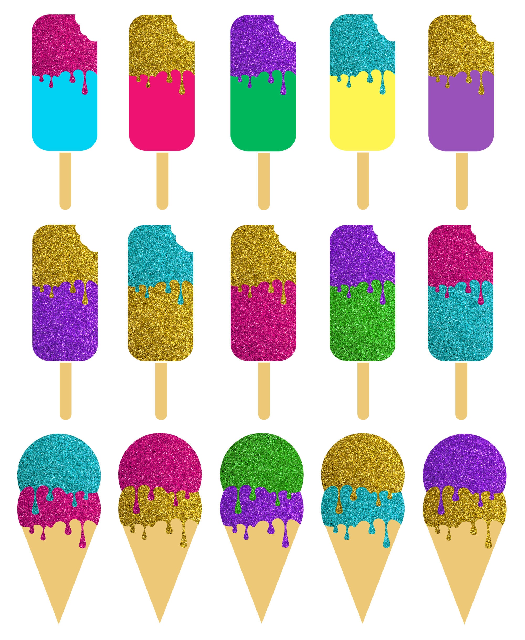 Melting Glitter Ice Cream Cone Clipart Colorful Birthday Ice Cream ...