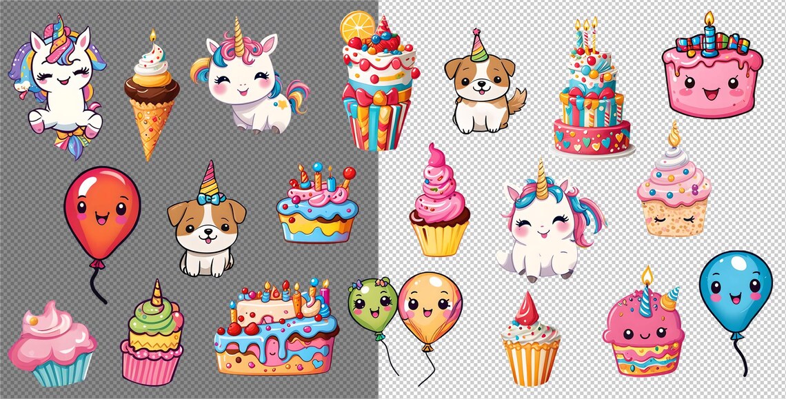 Kawaii Style Birthday Clipart Bundle - Colorful Birthday Clipart ...