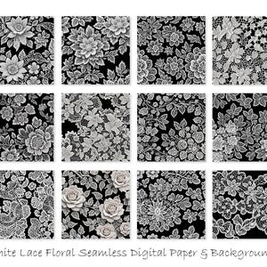 White Lace Floral Textures on Black White Lace Seamless Backgrounds ...
