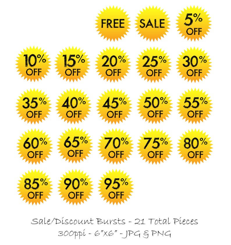 Starburst Clipart - Sale Discount Clipart - Yellow Burst - 21 Piece ...