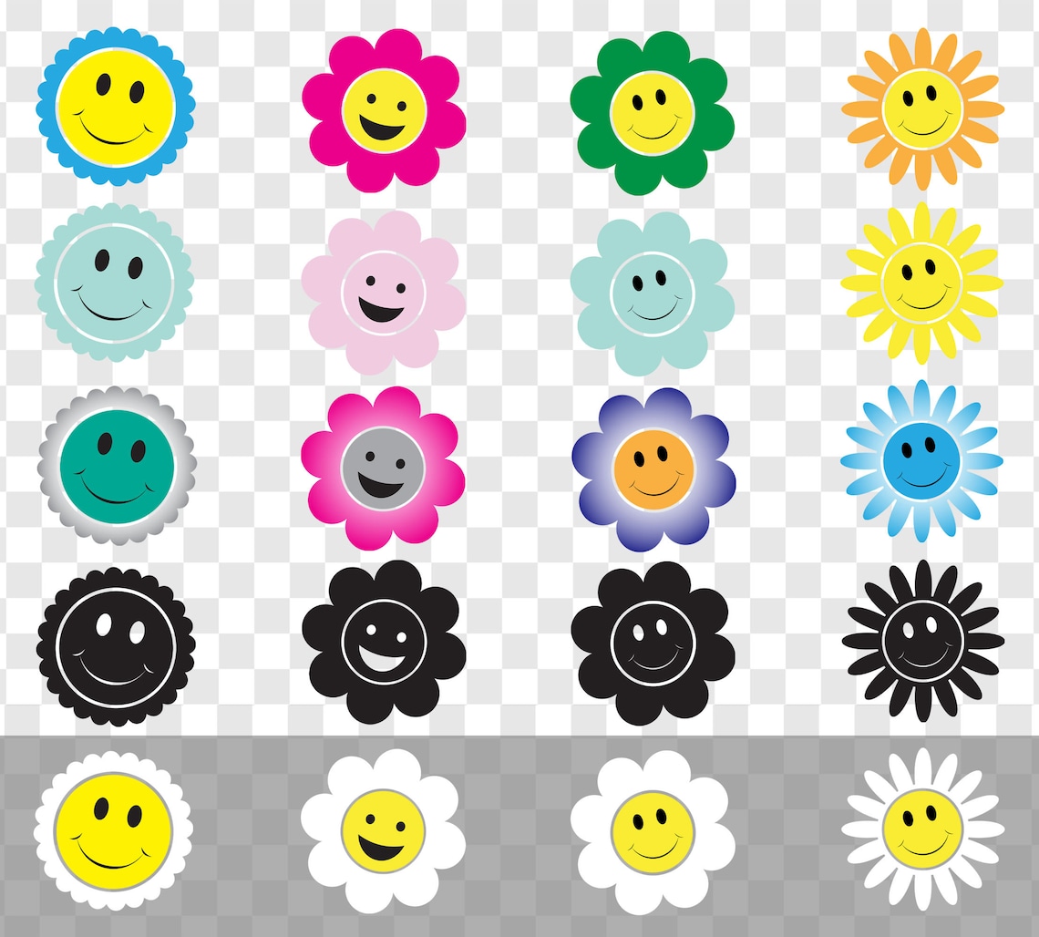 Smiley Face Flower SVG Bundle - Retro Smiley Face Clip Art - Smile Face ...