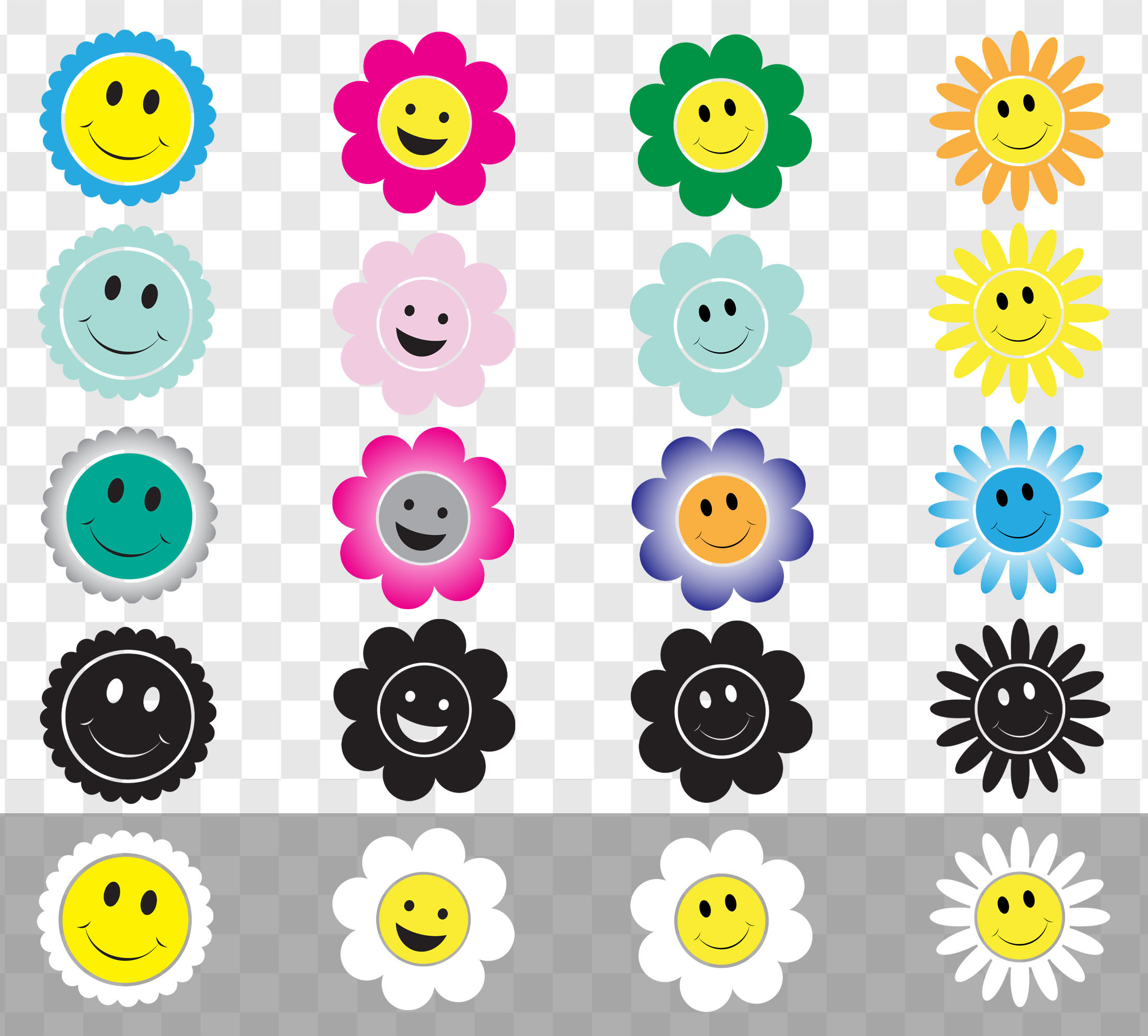Smiley Face Flower SVG Bundle - Retro Smiley Face Clip Art - Smile Face ...