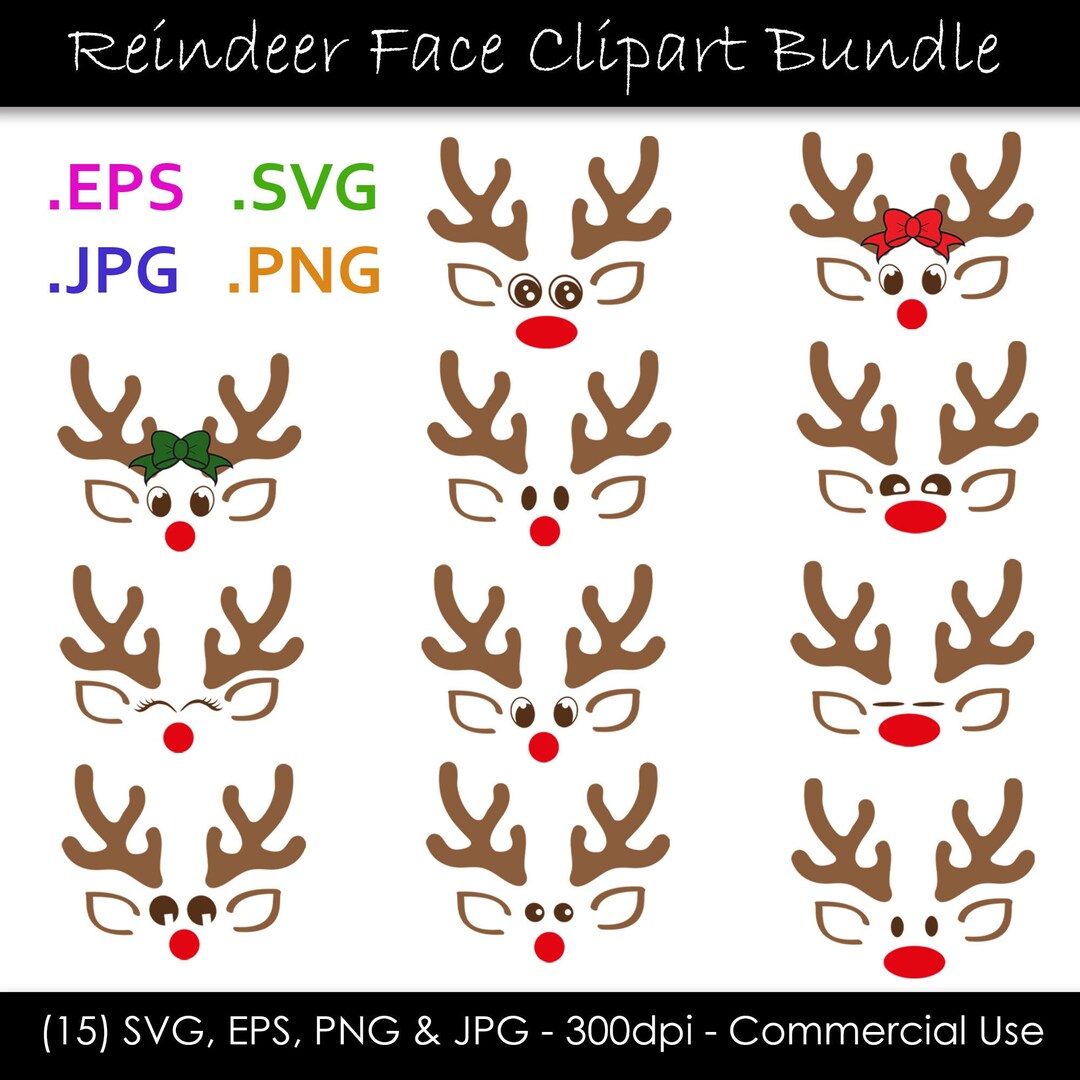 Cute Reindeer Face SVG Bundle Reindeer Face Clipart Reindeer Graphics ...